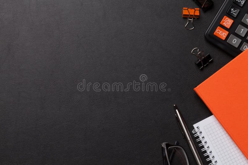Office Desk with Notepad and Supplies Stock Image - Image of leather ...