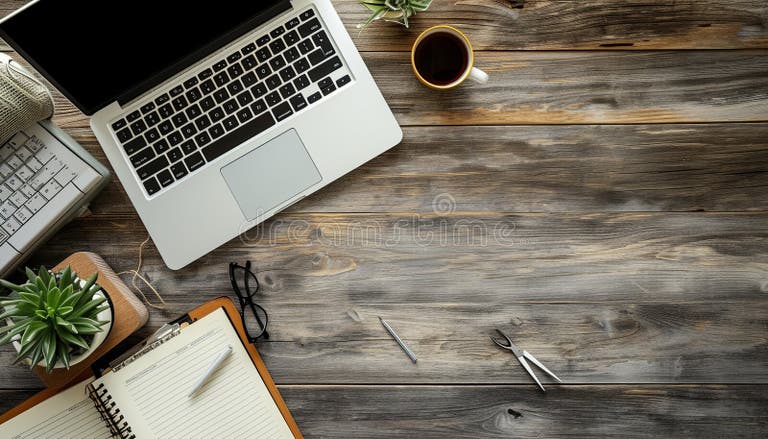 Office Desk with Office Tools, Computer Laptop on Wood Table Background ...