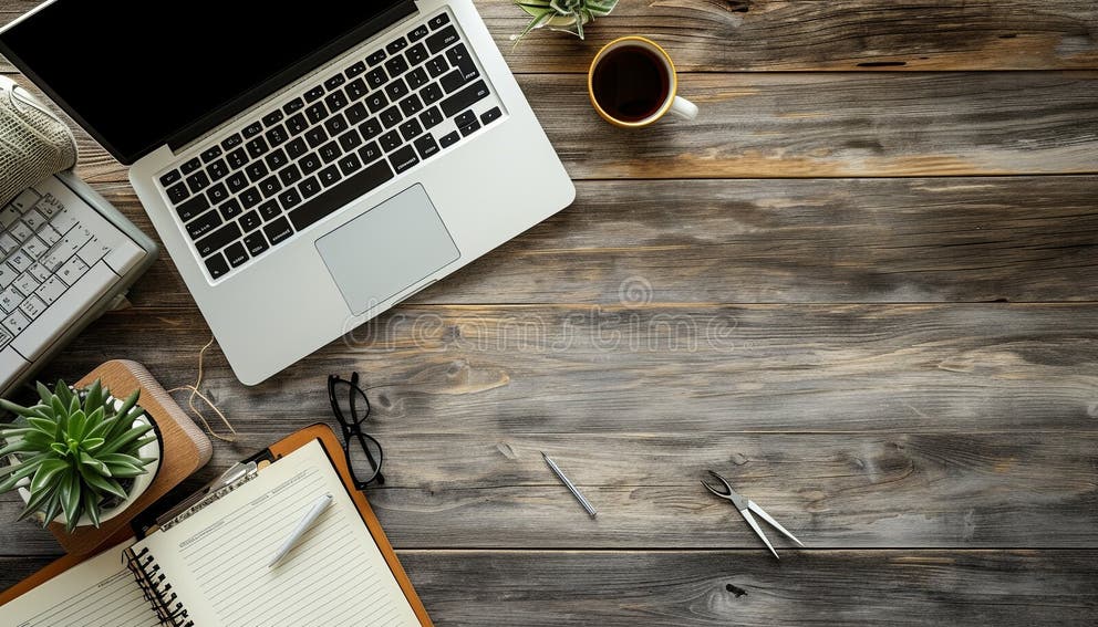 Office Desk with Office Tools, Computer Laptop on Wood Table Background ...