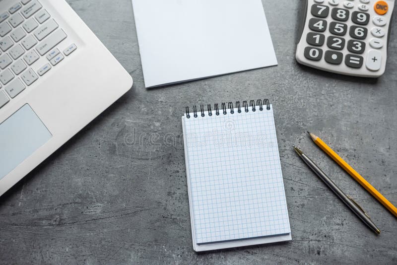 Office Desk Open Notepad for Notes, Pen Laptop and Calculator As ...