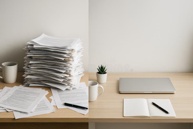 Before and after Office Desk Organization with Messy Stack of Papers ...