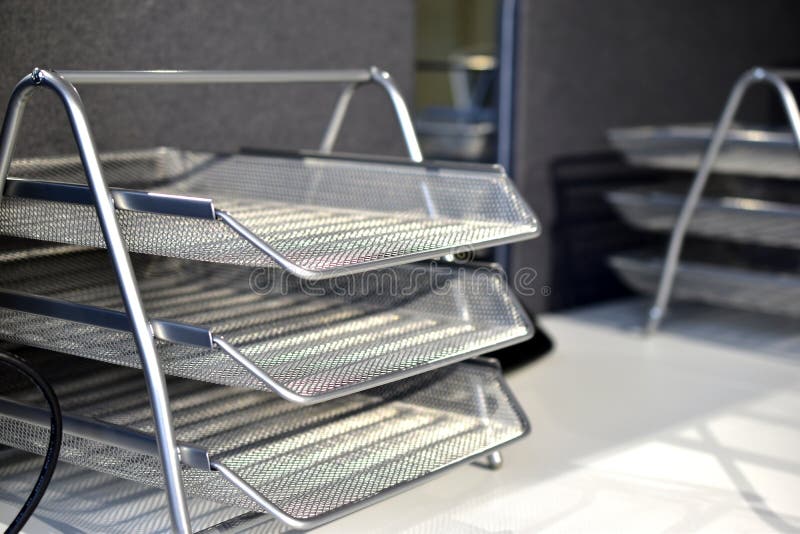 Office Desk with Paper and PC Stands Stock Photo - Image of desk ...