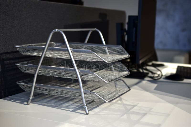 Office Desk with Paper and PC Stands Stock Photo - Image of view ...