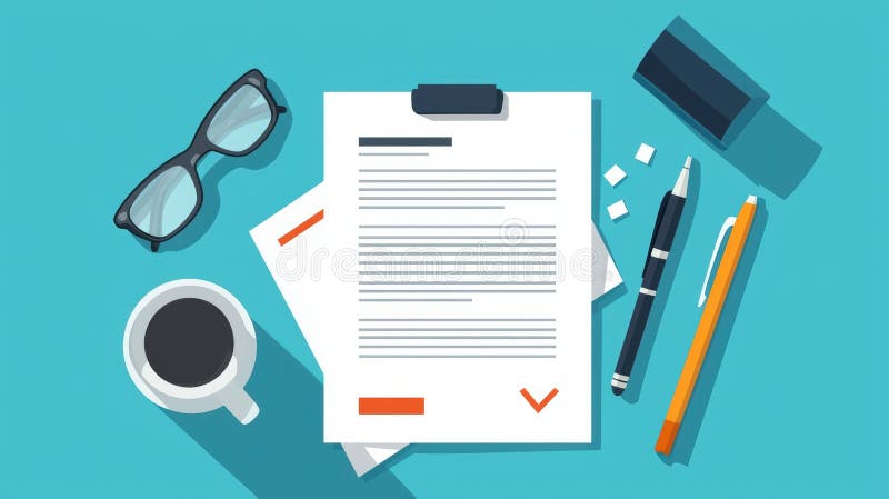 Office Desk with Paperwork and Coffee Stock Illustration - Illustration ...