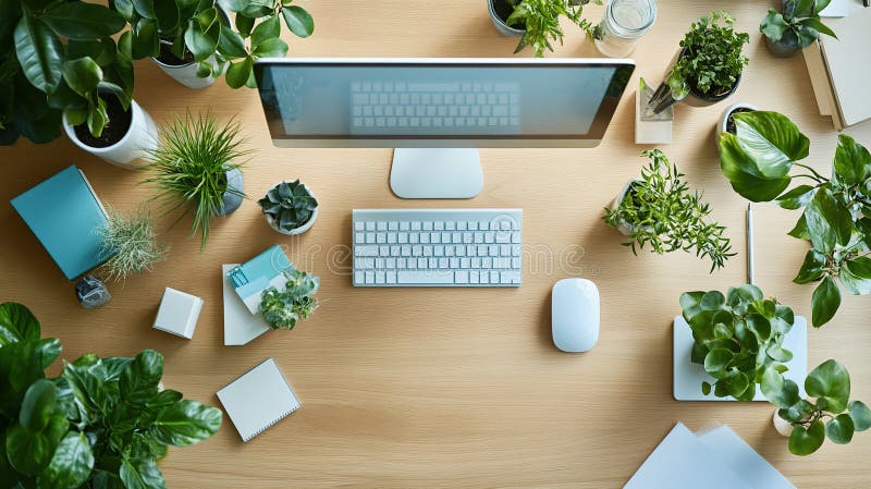 Office Desk Plants Computer Workspace Top View Stock Image - Image of ...