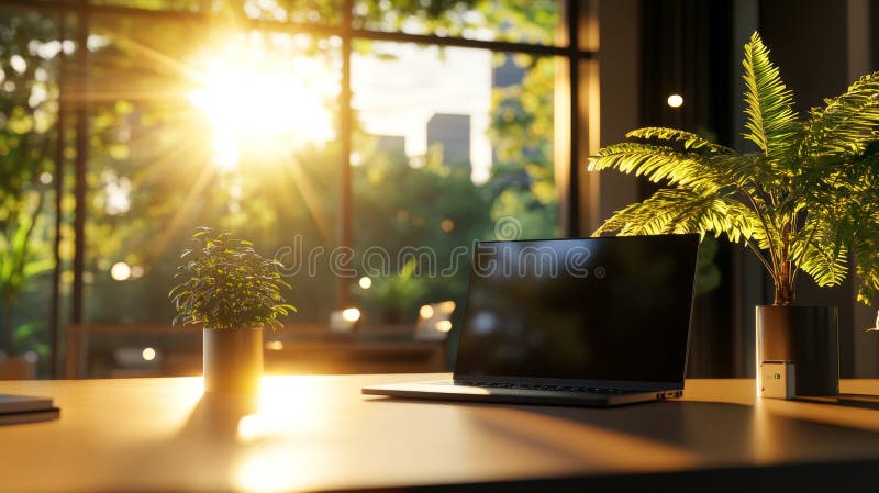 Office Desk with Plants and Work Items, Blending Nature and Workspace ...