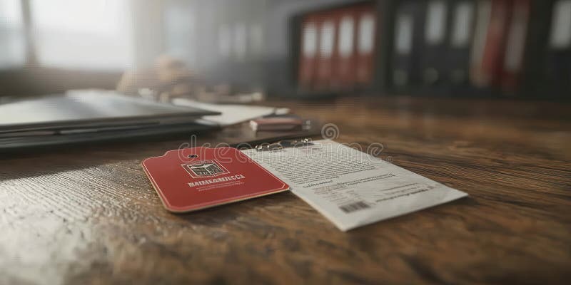 An Office Desk With A Red Key Card And Clipboard In Focus Picture ...