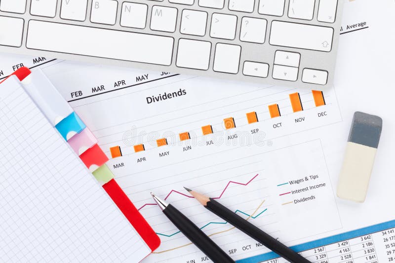 Office Desk with Reports, Computer, Supplies and Notepad Stock Image ...