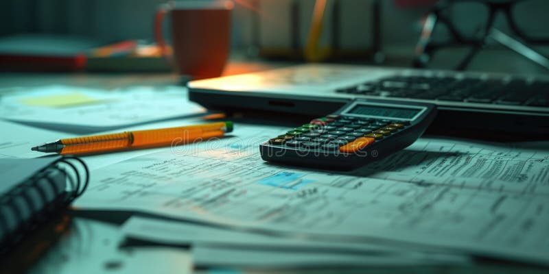 Office Desk Setup with Calculator and Keyboard Stock Image - Image of ...