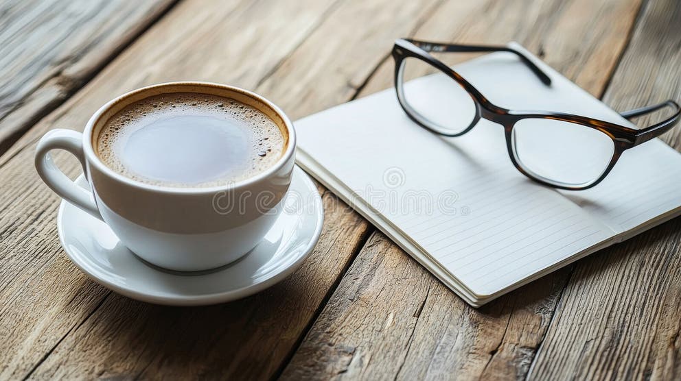 An Office Desk Setup with a Coffee Cup, Notepad, and Glasses with Top ...