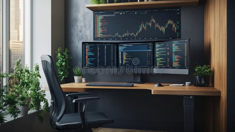 Office Desk Setup. Computer Screens Show Data. Modern Workspace with ...