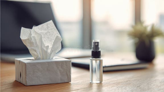 Office Desk Setup Features Tissue Packet and Nasal Spray in Remote Work ...