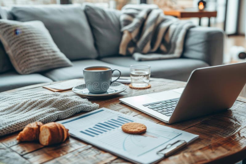 Office Desk Setup Featuring Coffee, Laptop, and Documents Illustrating ...