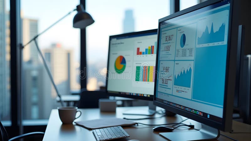 Office Desk Setup with Monitor in Modern Office Stock Illustration ...