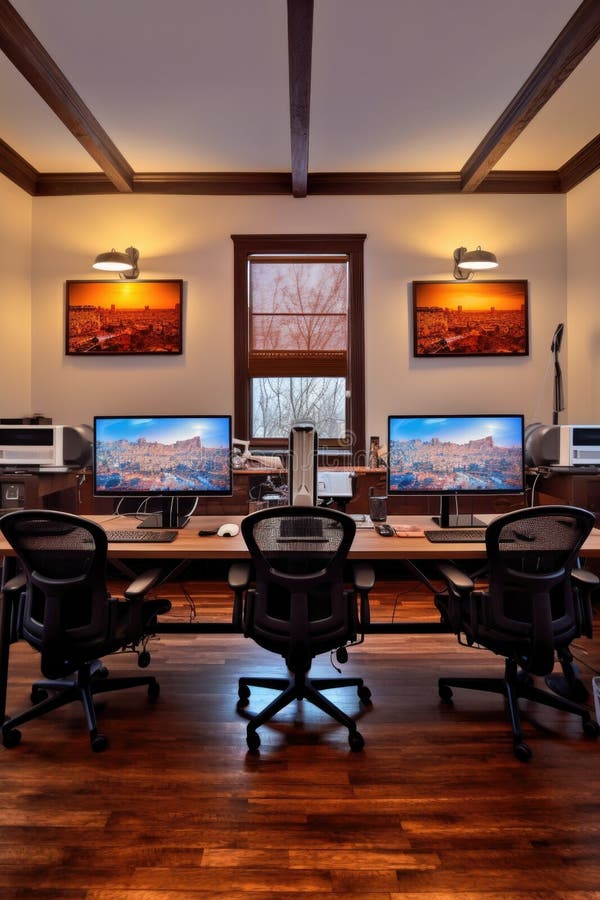Office Desk Setup with Multiple Chairs and Laptops Stock Illustration ...
