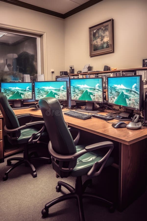 Office Desk Setup with Multiple Chairs and Laptops Stock Illustration ...