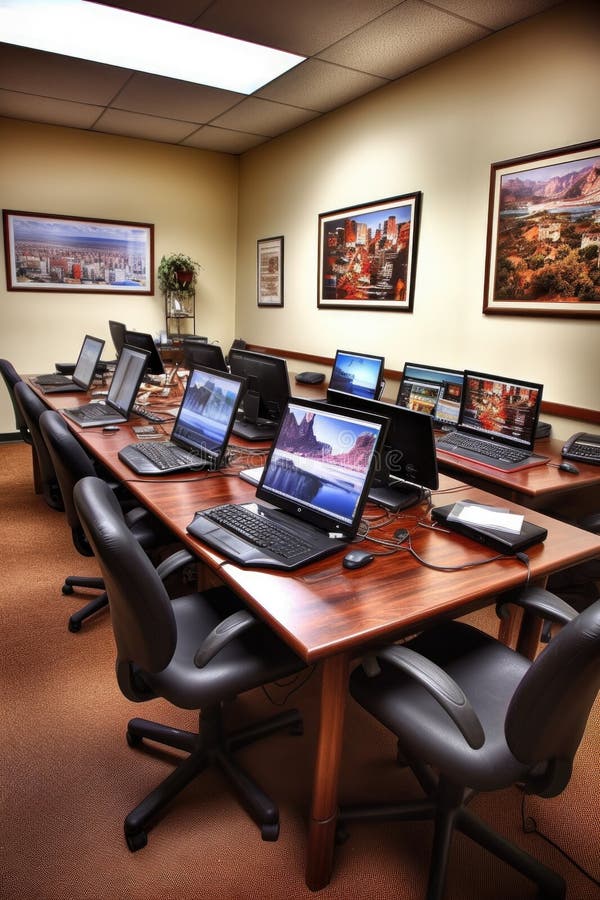 Office Desk Setup with Multiple Chairs and Laptops Stock Illustration ... Office Desk Setup with Multiple Chairs and Laptops Stock Illustration ...
