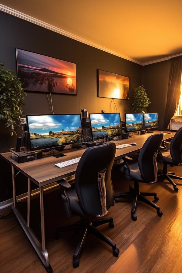 Office Desk Setup with Multiple Chairs and Laptops Stock Illustration ...