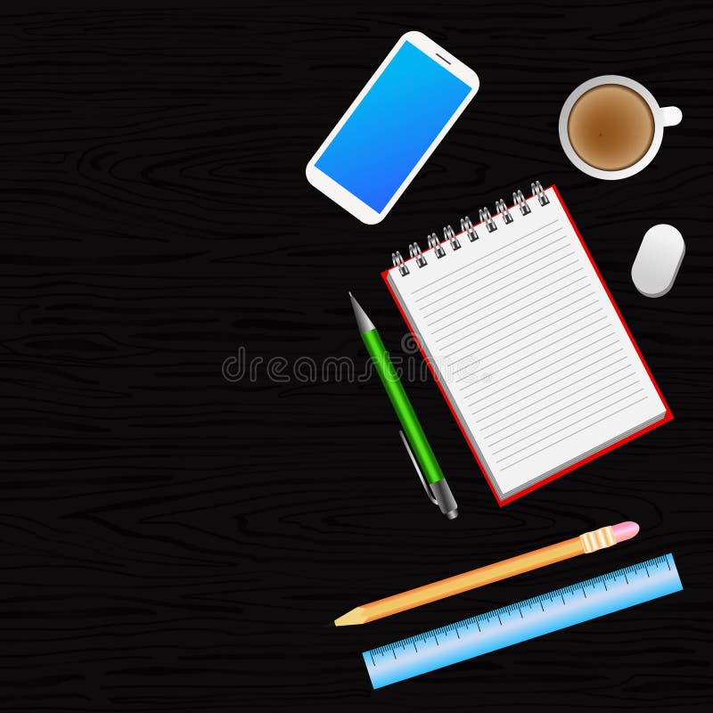 Office Desk with Smartphone, Notebook, Pen, Pencil, Ruler and Cu Stock ...