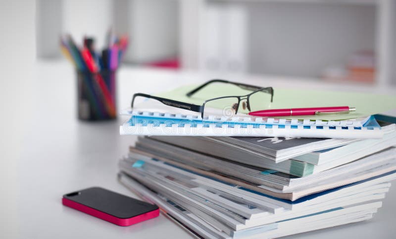 Office Desk a Stack of Computer Paper Reports Work Forms Stock Photo ...
