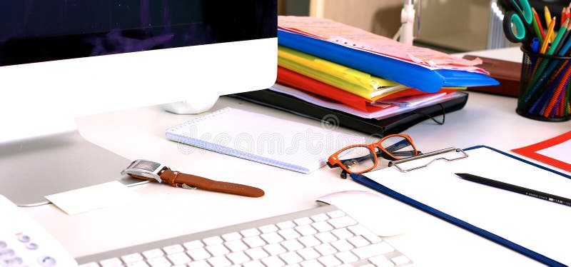 Office Desk a Stack of Computer Paper Reports Work Forms Stock Photo ...