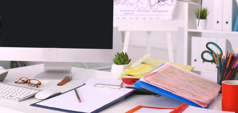 Office Desk a Stack of Computer Paper Reports Work Forms Stock Photo ...