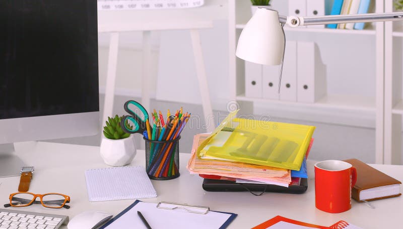 Office Desk a Stack of Computer Paper Reports Work Forms Stock Image ...