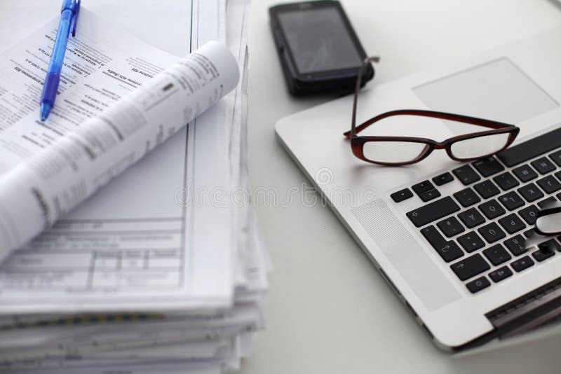 Office Desk a Stack of Computer Paper Reports Work Stock Image - Image ...