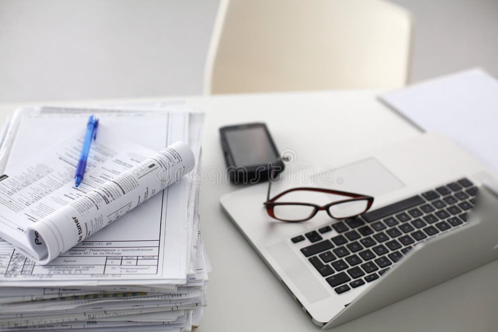 Office Desk a Stack of Computer Paper Reports Work Stock Photo - Image ...