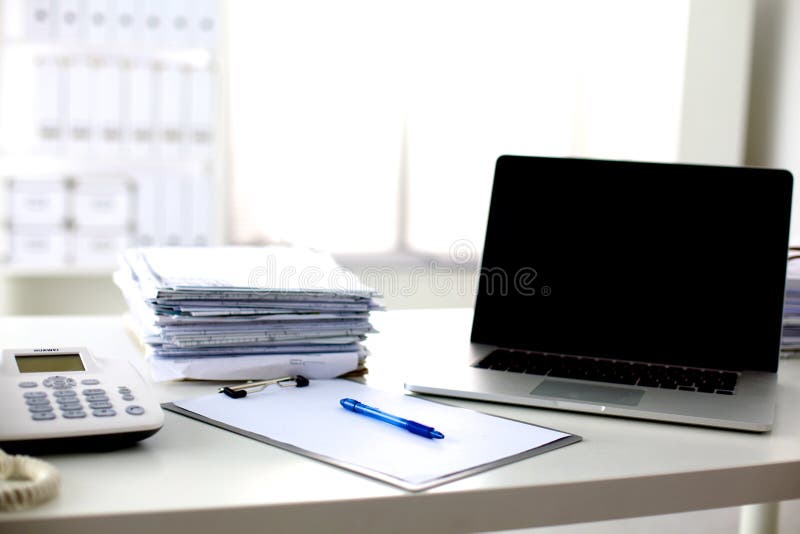 Office Desk a Stack of Computer Paper Reports Work Stock Photo - Image ...