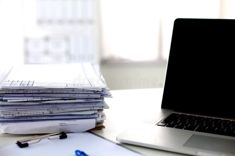 Office Desk a Stack of Computer Paper Reports Work Stock Image - Image ...