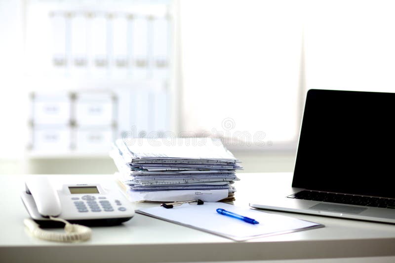 Office Desk a Stack of Computer Paper Reports Work Stock Image - Image ...