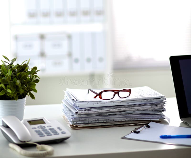 Office Desk a Stack of Computer Paper Reports Work Stock Photo - Image ...