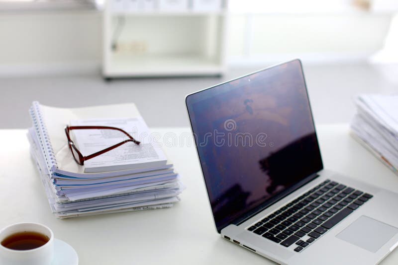 Office Desk a Stack of Computer Paper Reports Work Stock Image - Image ...