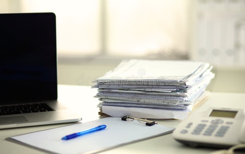 Office Desk a Stack of Computer Paper Reports Work Stock Photo - Image ...