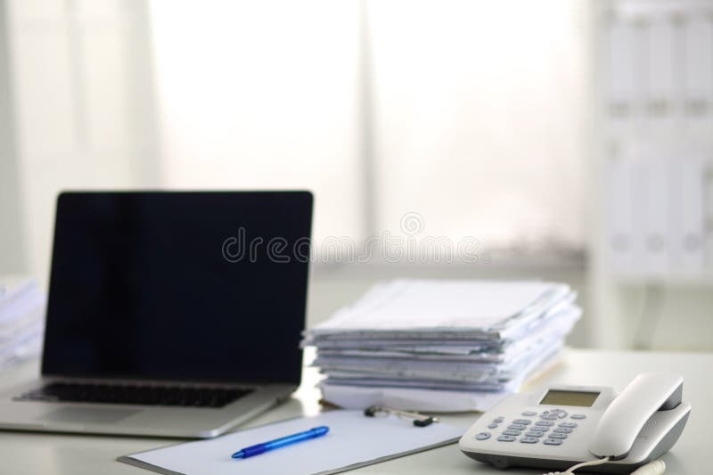 Office Desk a Stack of Computer Paper Reports Work Stock Image - Image ...