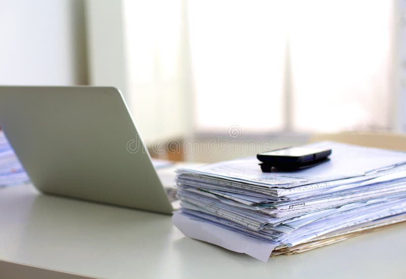Office Desk a Stack of Computer Paper Reports Work Stock Image - Image ...