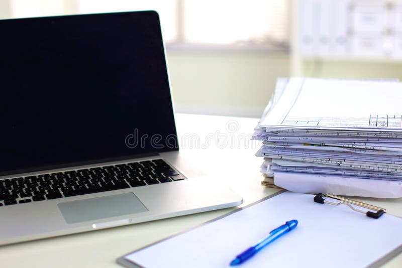 Office Desk a Stack of Computer Paper Reports Work Forms Stock Photo ...