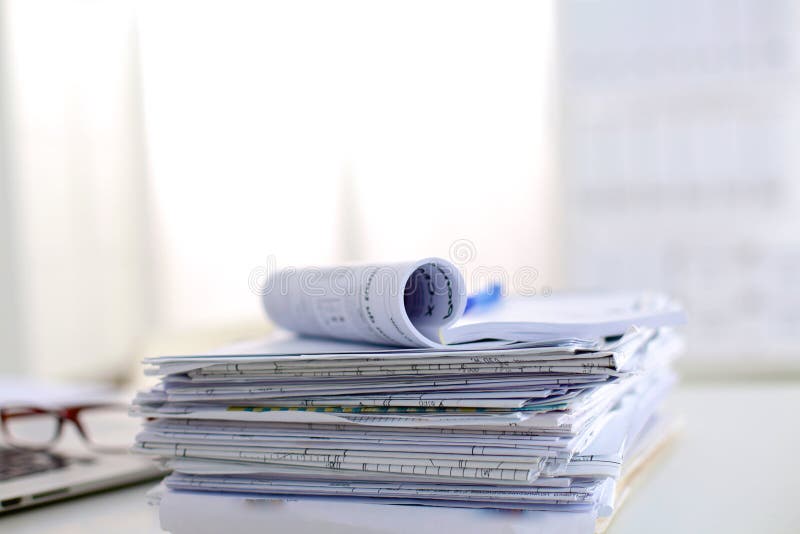 Office Desk a Stack of Computer Paper Reports Work Forms Stock Photo ...