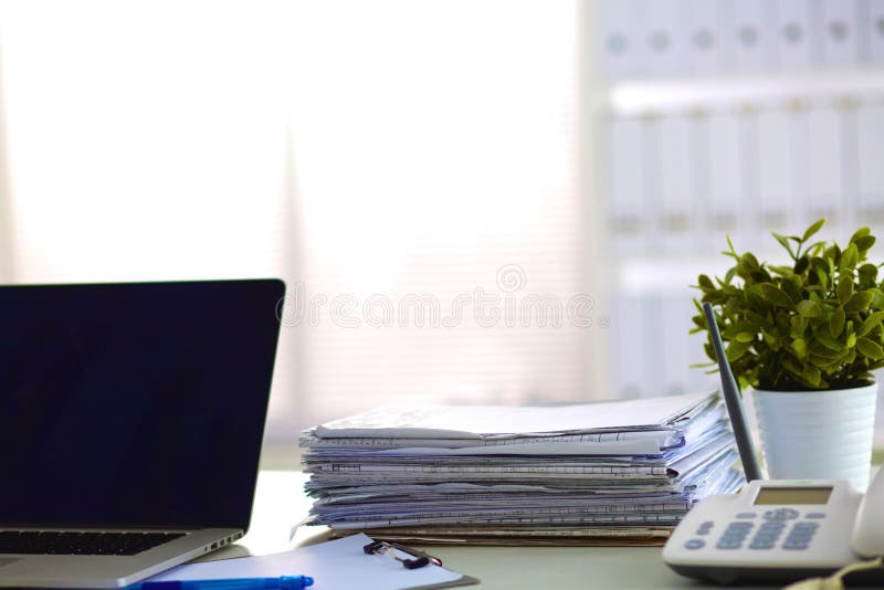 Office Desk a Stack of Computer Paper Reports Work Forms Stock Photo ...