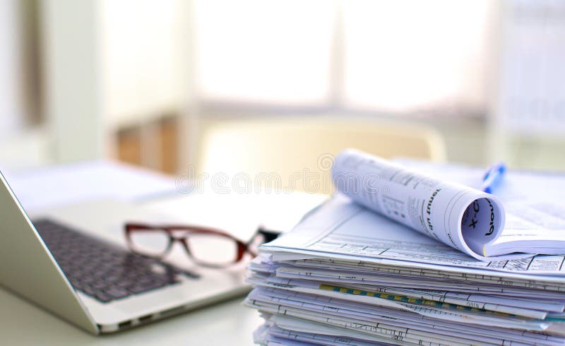 Office Desk a Stack of Computer Paper Reports Work Forms Stock Photo ...