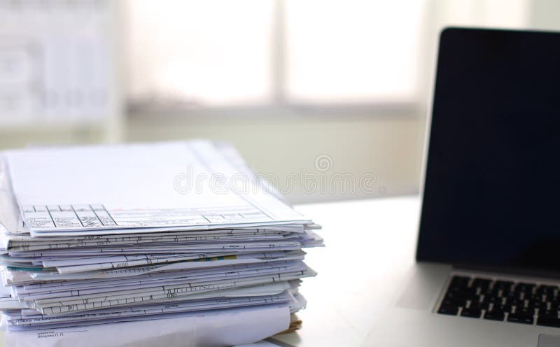 Office Desk a Stack of Computer Paper Reports Work Forms Stock Image ...