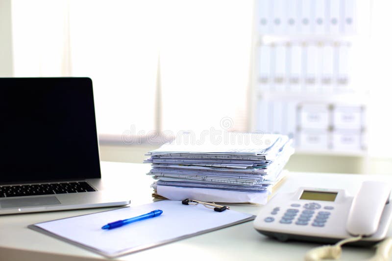 Office Desk a Stack of Computer Paper Reports Work Forms Stock Image ...