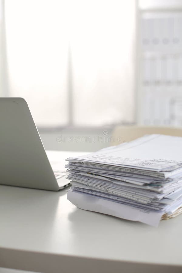 Office Desk a Stack of Computer Paper Reports Work Forms Stock Photo ...