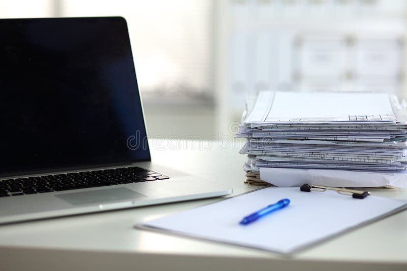 Office Desk a Stack of Computer Paper Reports Work Forms Stock Photo ...