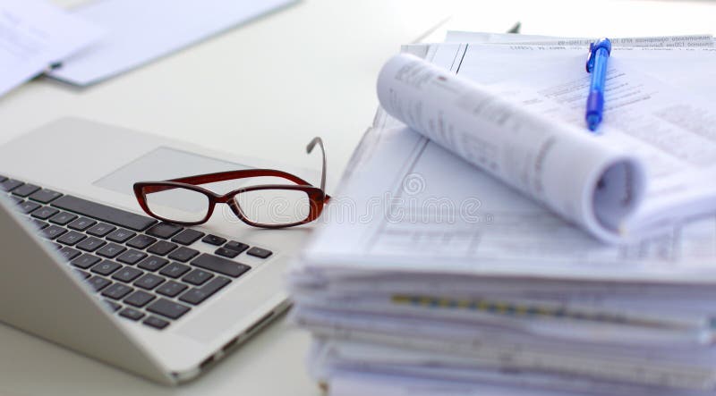 Office Desk a Stack of Computer Paper Reports Work Forms Stock Photo ...