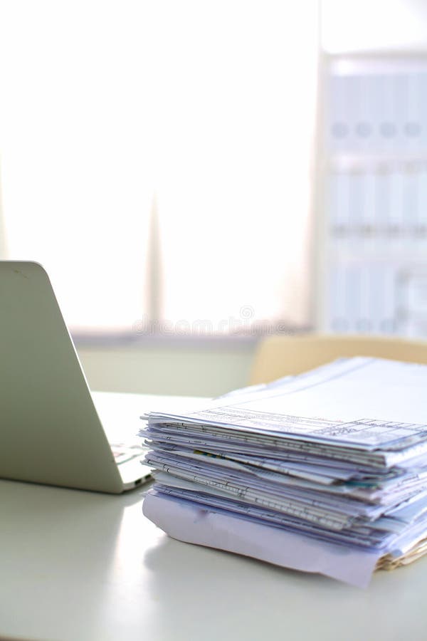 Office Desk a Stack of Computer Paper Reports Work Forms Stock Photo ...