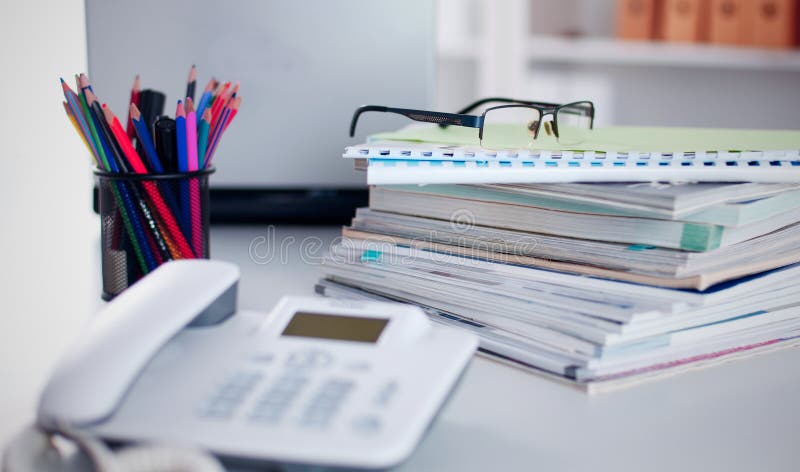 Office Desk a Stack of Computer Paper Reports Work Forms Stock Photo ...