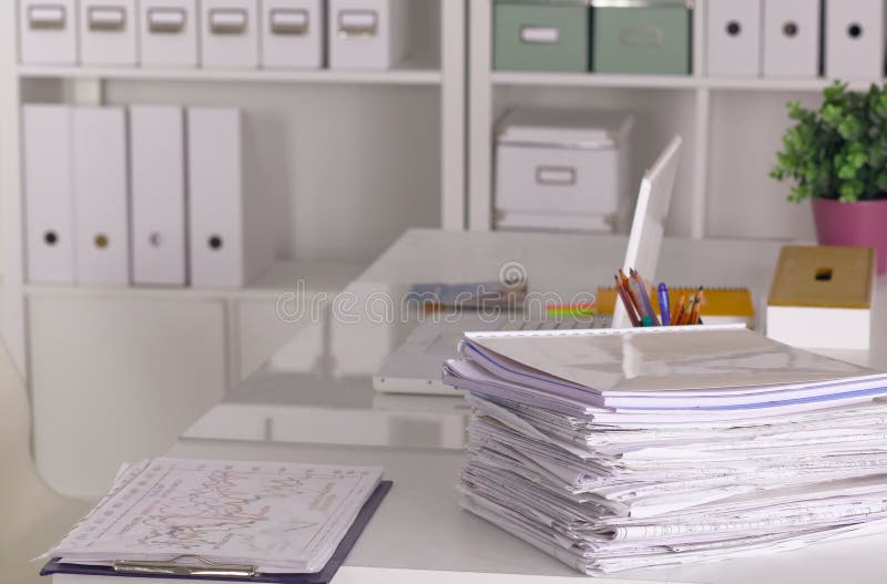 Office Desk a Stack of Computer Paper Reports Work Forms Stock Photo ...