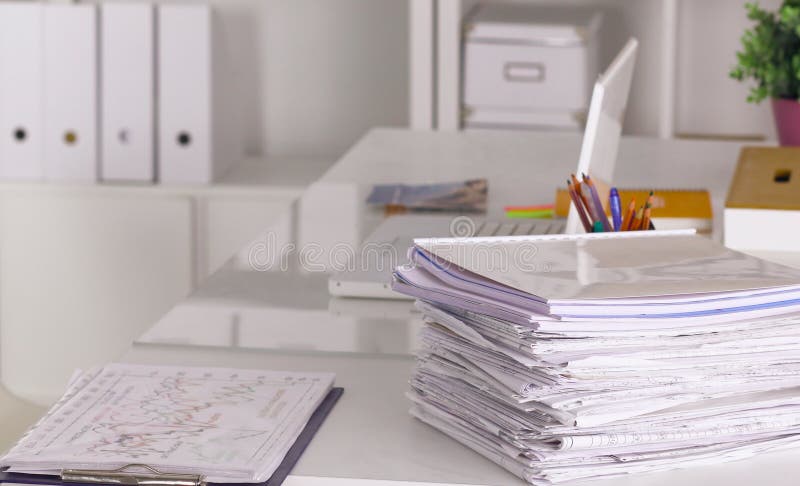Office Desk a Stack of Computer Paper Reports Work Forms Stock Photo ...